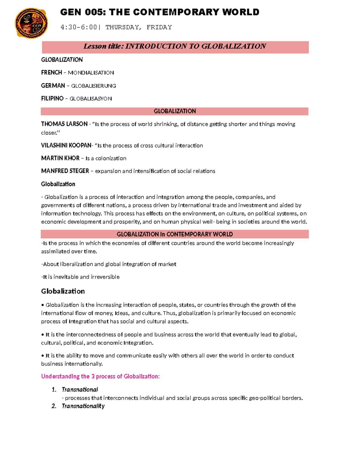 Gen-005 - 4:30-6:00| THURSDAY, FRIDAY Lesson title: INTRODUCTION TO ...