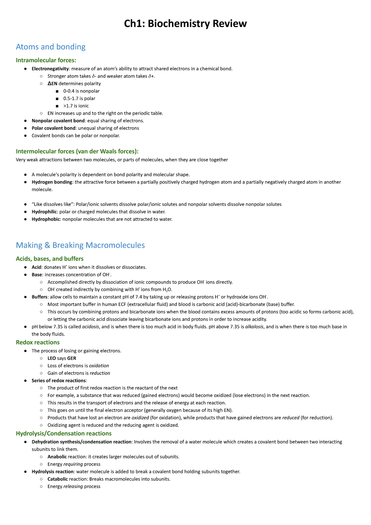 AP Bio Ch1 Biochemistry Review - Ch1: Biochemistry Review Atoms and ...