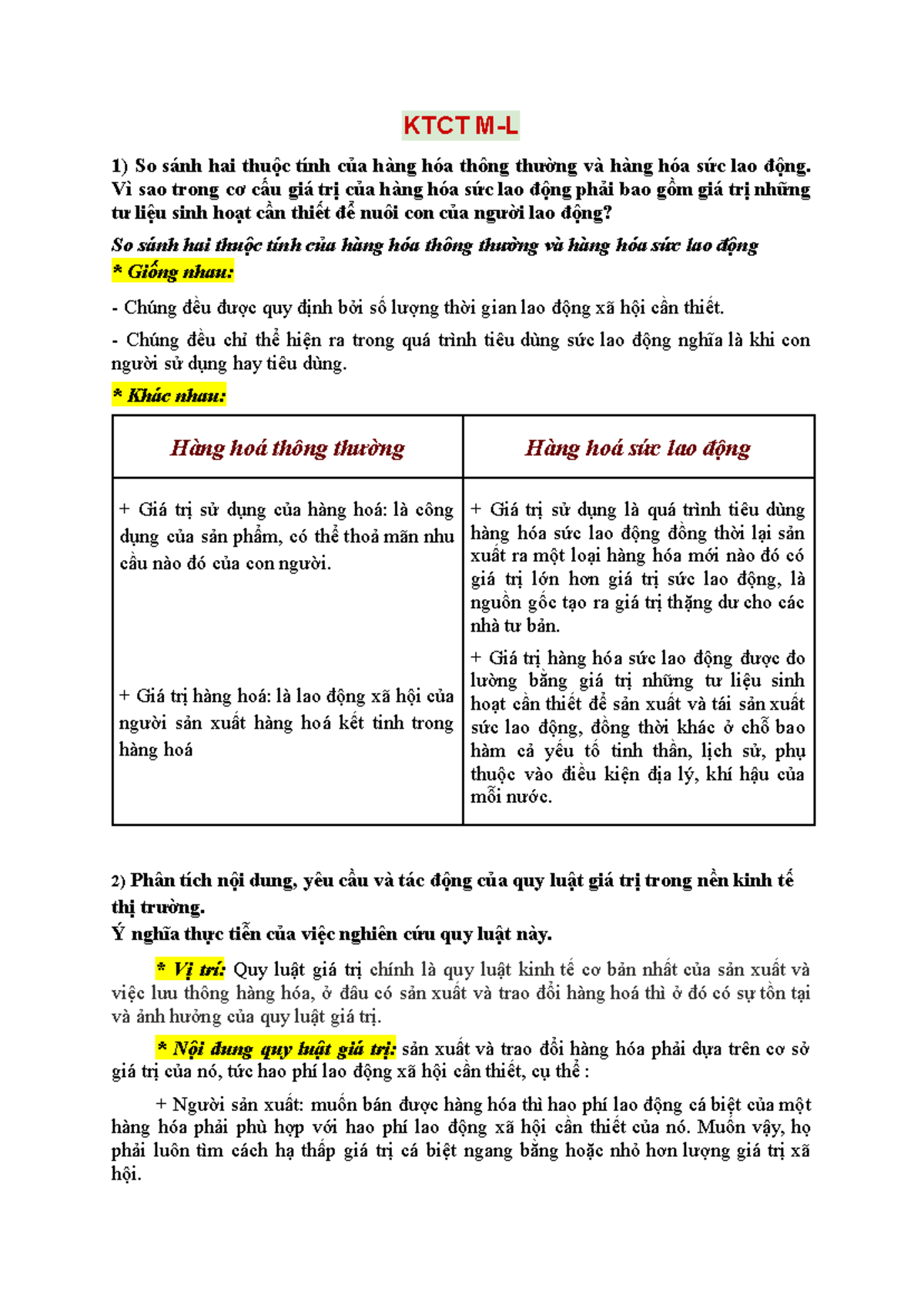 KTCT M-L - Lý thuyết - KTCT M-L 1) So sánh hai thuộc tính của hàng hóa thông thường và hàng hóa ...