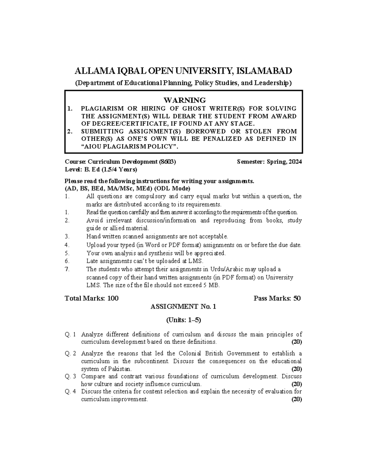 8603-Bed - Assignment questions - ALLAMA IQBAL OPEN UNIVERSITY ...