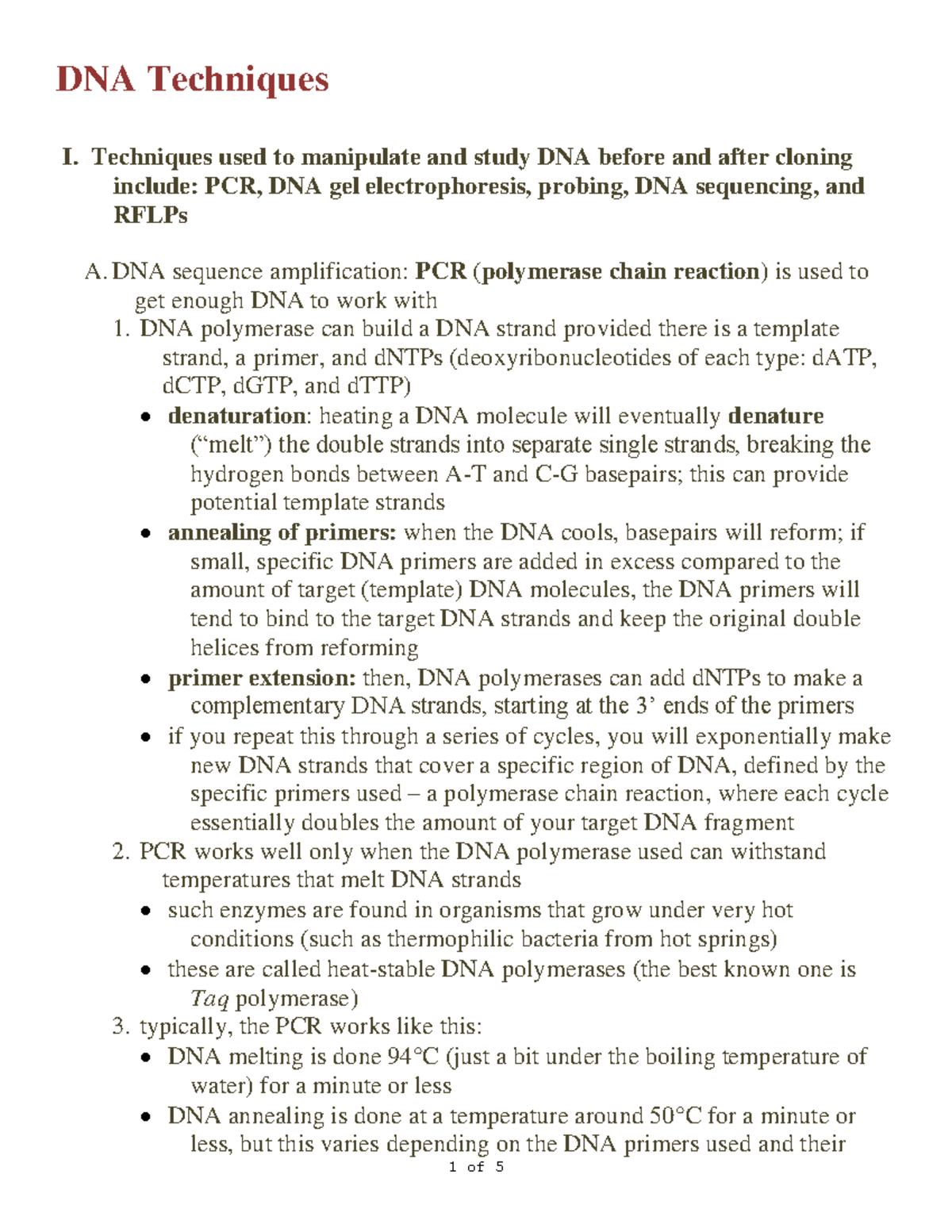 DNA Techniques - Lecture notes 16 - DNA Techniques I. Techniques used ...