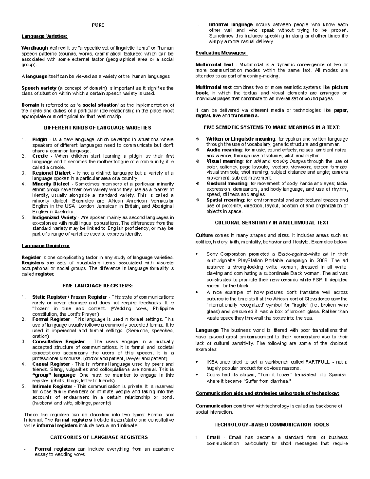 Purc - notes - PURC Language Varieties: Wardhaugh defined it as “a ...