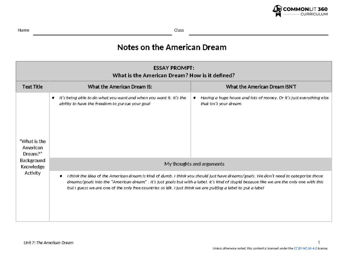 Branson Costin - Notes on the American Dream - Name Class Notes on the ...