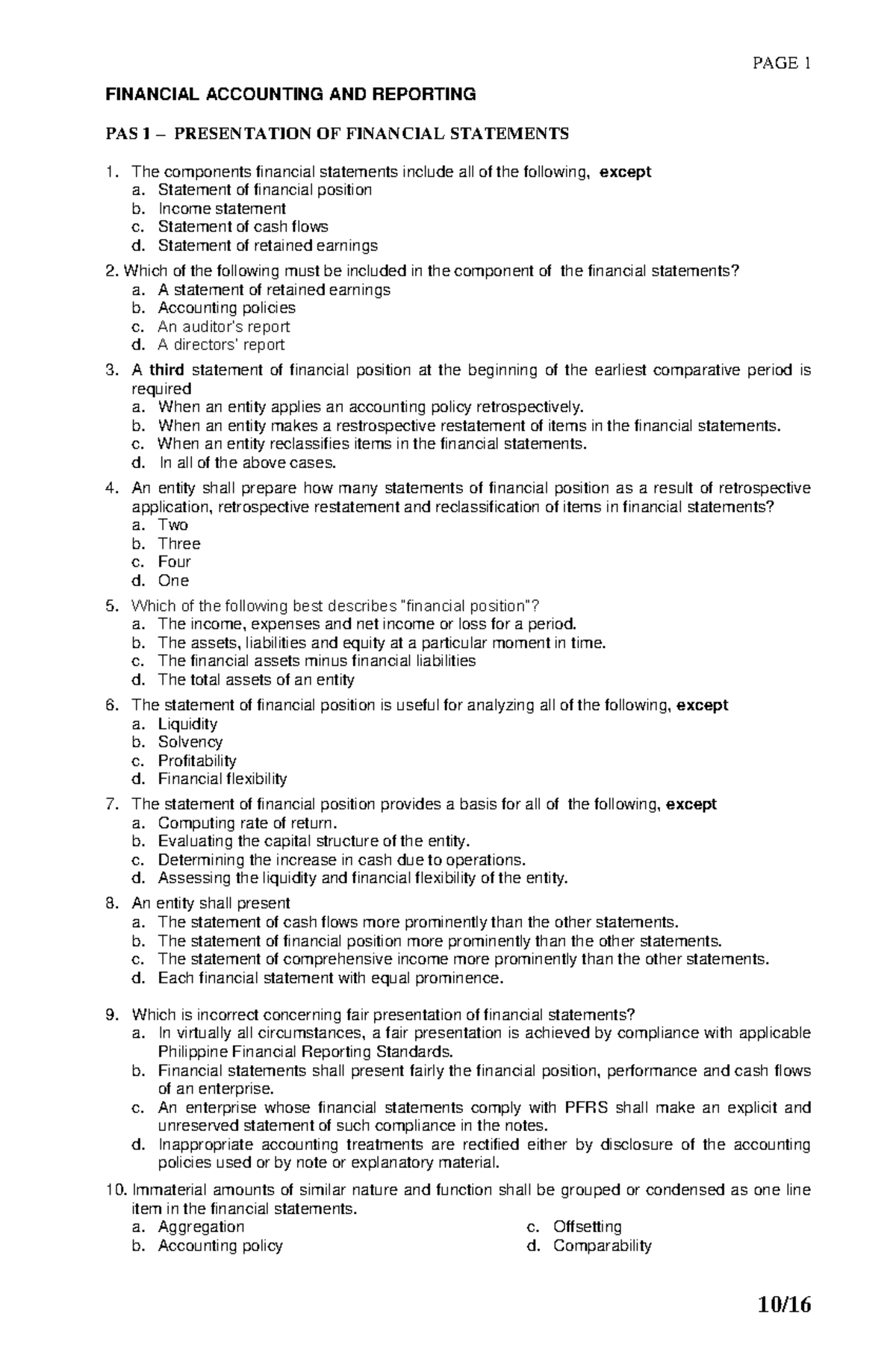 FAR FS QUIZ - Far fs quiz - FINANCIAL ACCOUNTING AND REPORTING PAS 1 ...