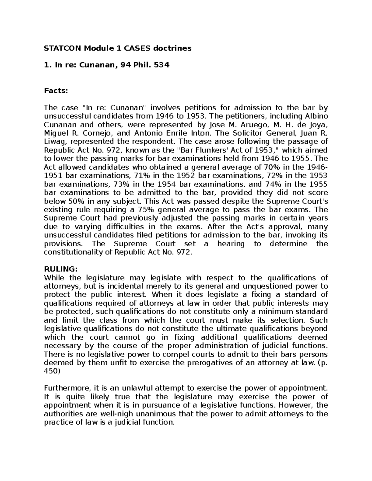 Statcon cases - STATCON Module 1 CASES doctrines In re: Cunanan, 94 Phil. 534 Facts: The case ...