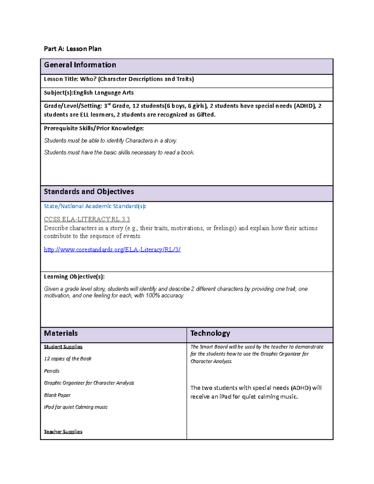 C909 Task 1 - passed - Part A: Lesson Plan General Information Lesson Title: Who? (Character ...
