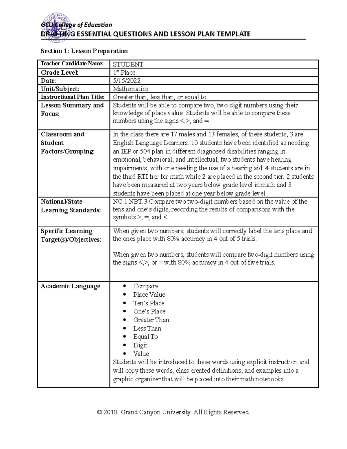 GCU SPD-470-O500 Week 3 Assignment Lesson Planning and Drafting ...
