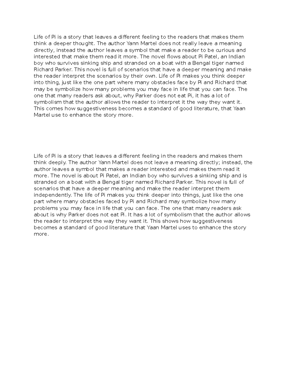 LIFE OF PI Suggestiveness - Life of Pi is a story that leaves a ...