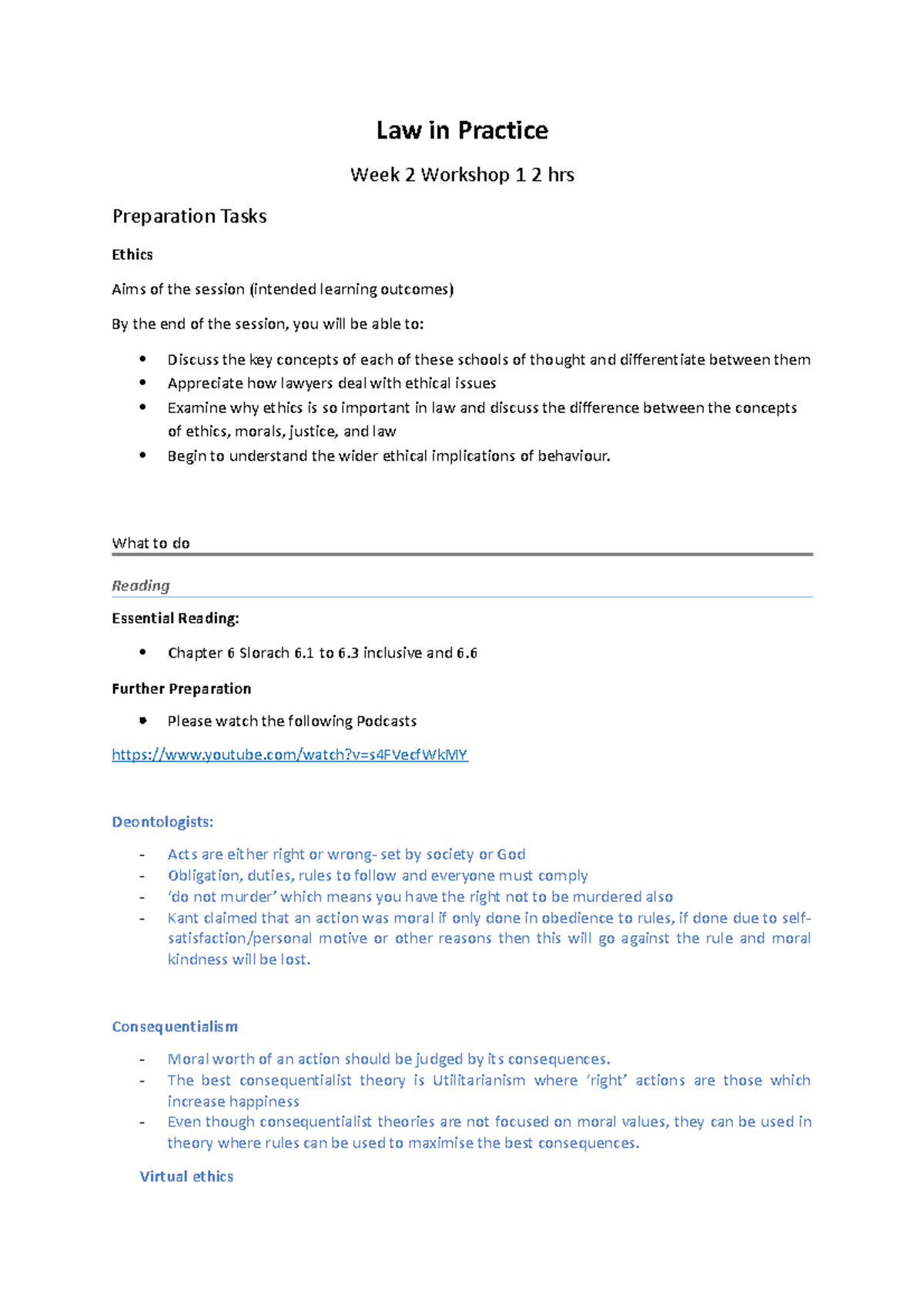 Ethics Workshop 1 - notes - Law in Practice Week 2 Workshop 1 2 hrs ...