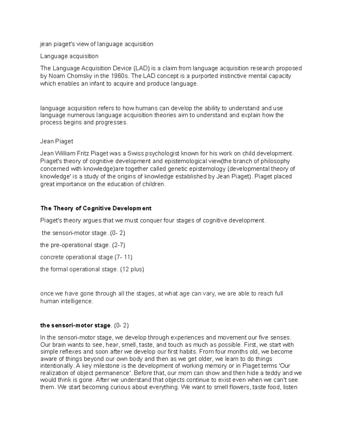 Jean piaget report - jean piaget's view of language acquisition ...