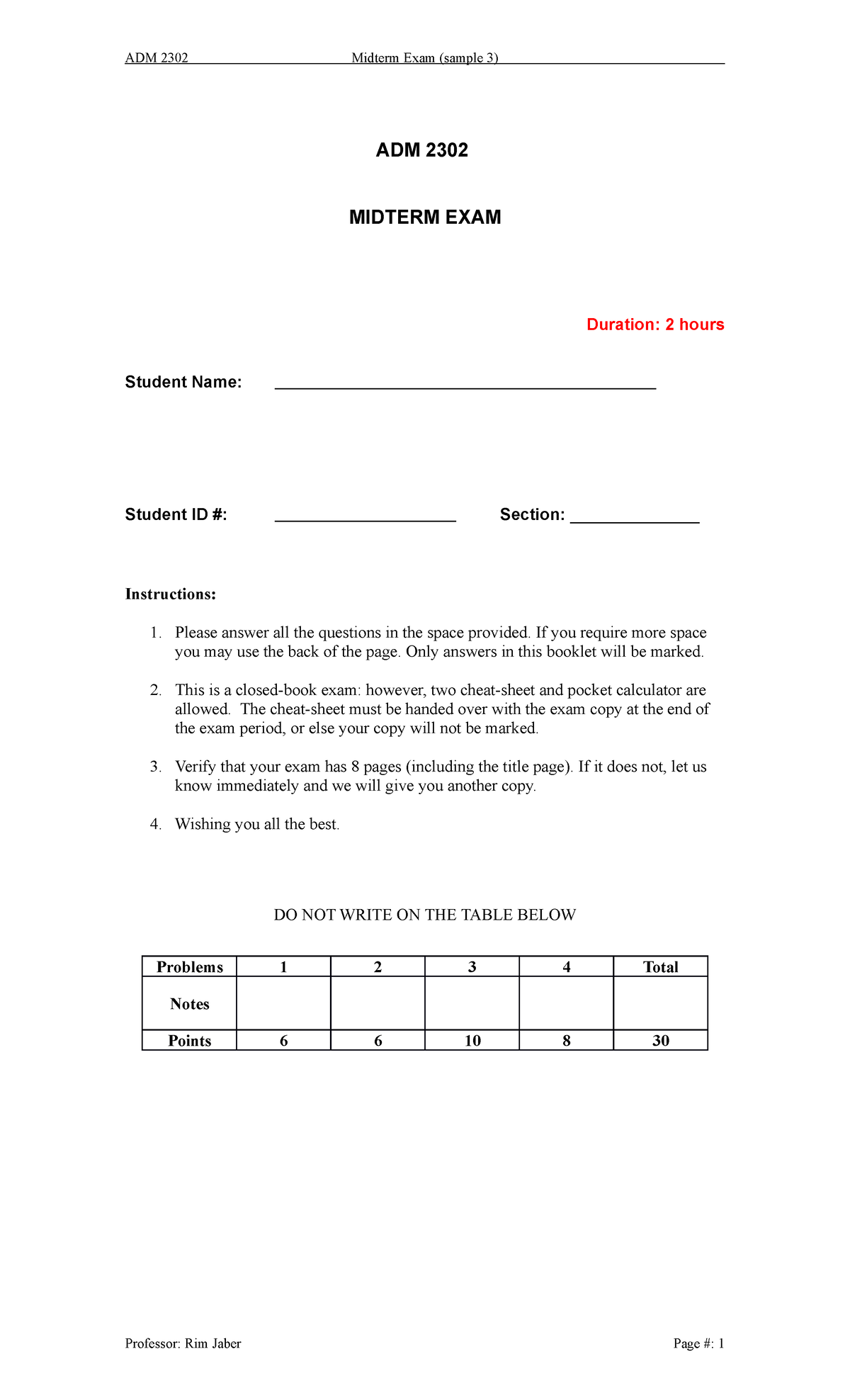 Practice final Exam - ADM 2302 MIDTERM EXAM Duration: 2 hours Student ...