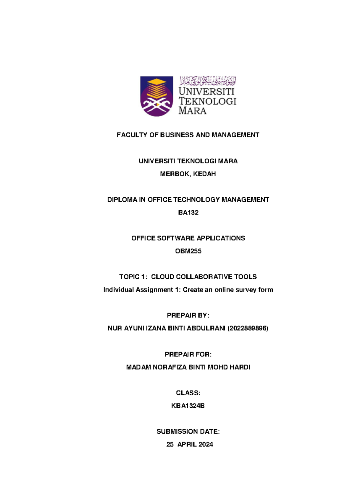 Asignment Obm255 - FACULTY OF BUSINESS AND MANAGEMENT UNIVERSITI ...