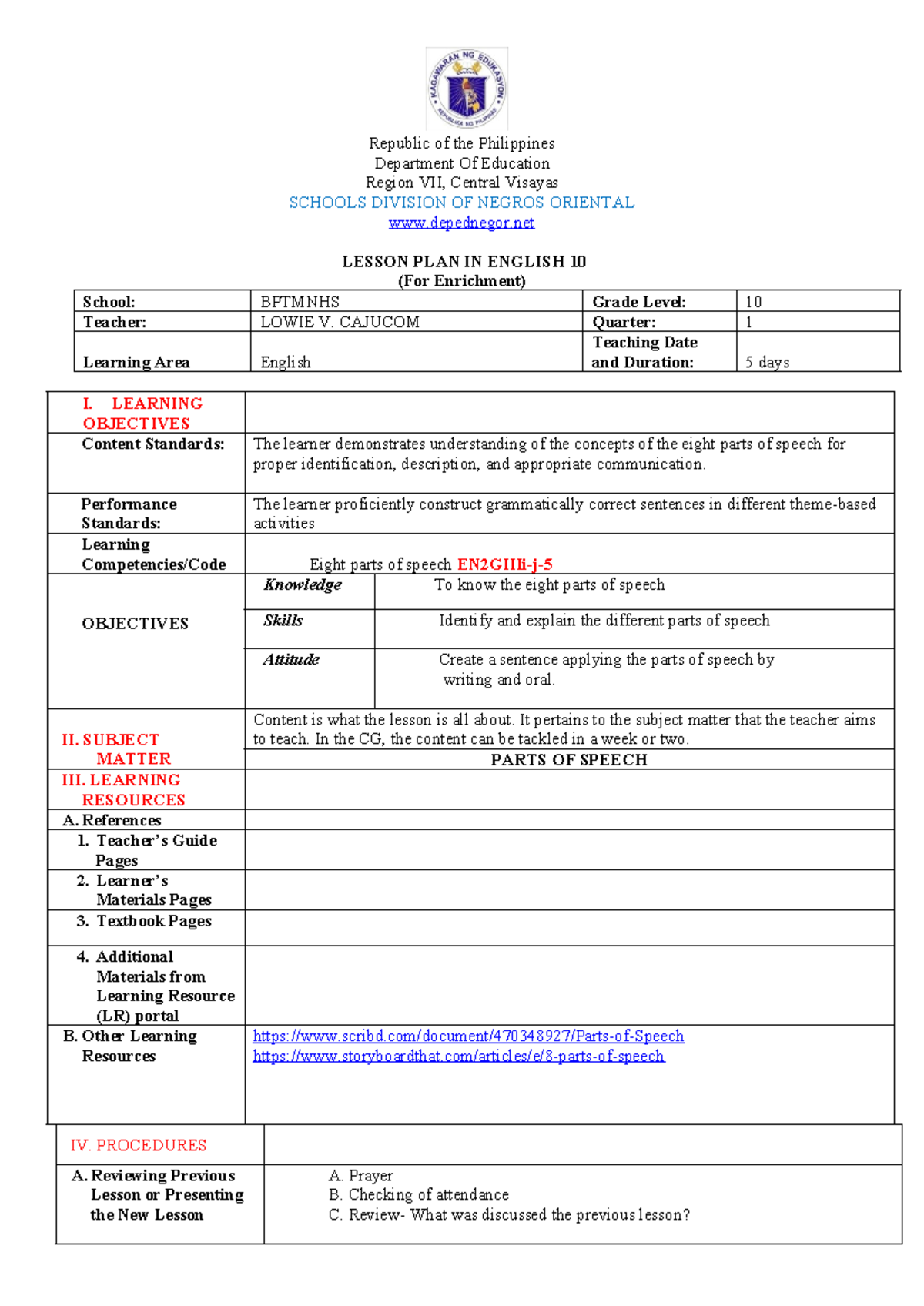 8 Parts OF Speech - LESSON PLAN - Republic of the Philippines ...