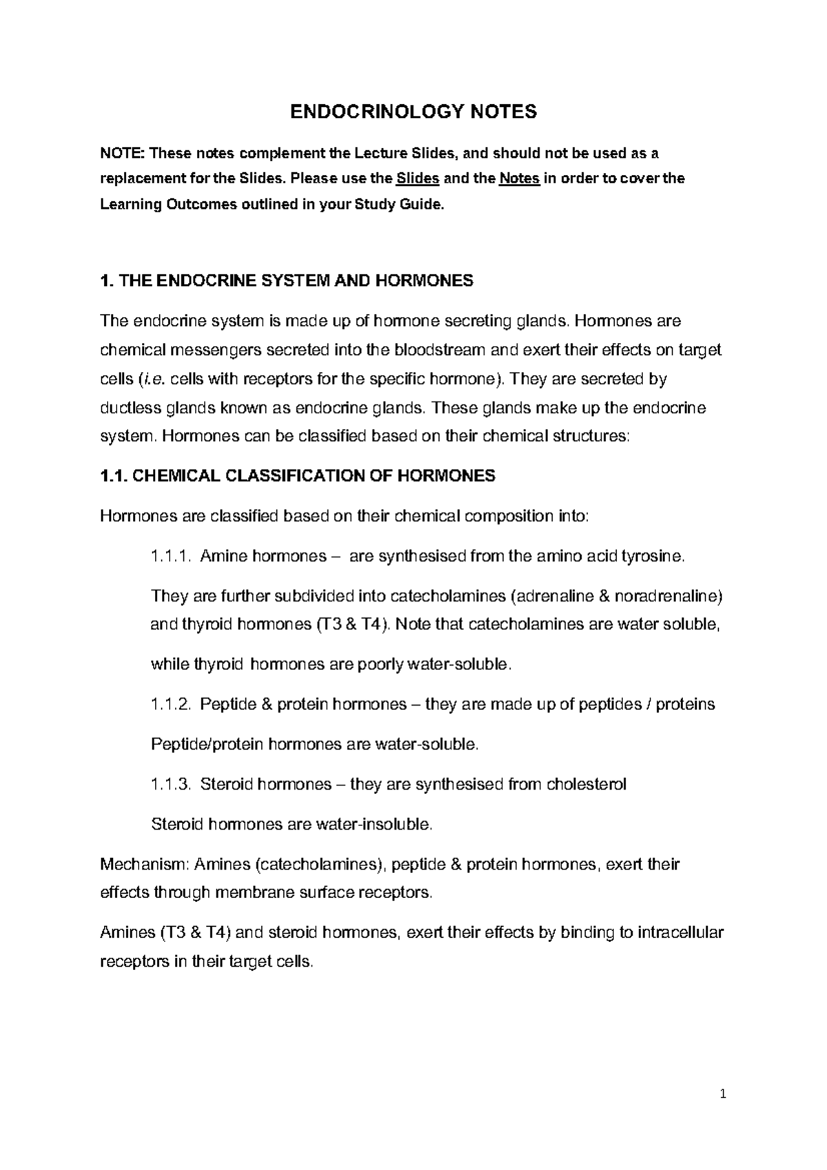 Endocrinology Notes FLG 222 - ENDOCRINOLOGY NOTES NOTE: These notes ...