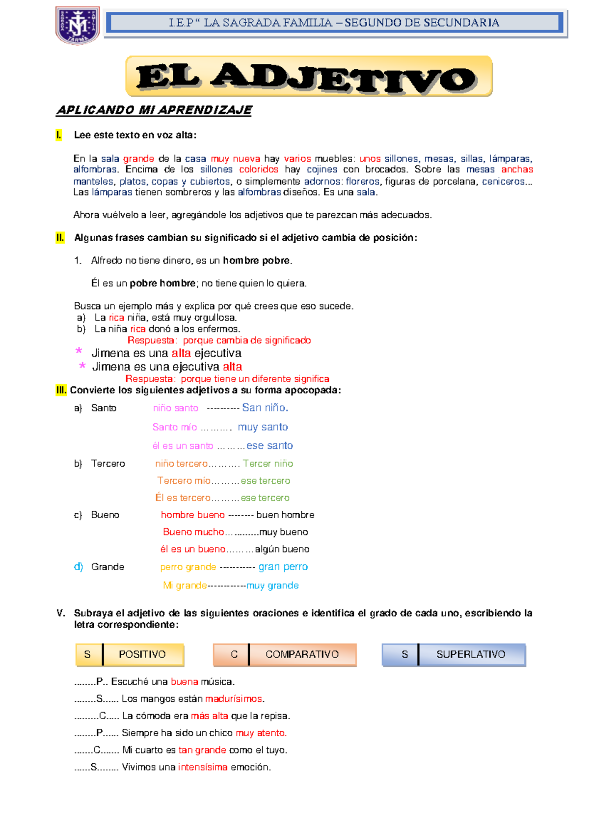 Adjetivos comu - I.E “ LA SAGRADA FAMILIA – SEGUNDO DE SECUNDARIA ...