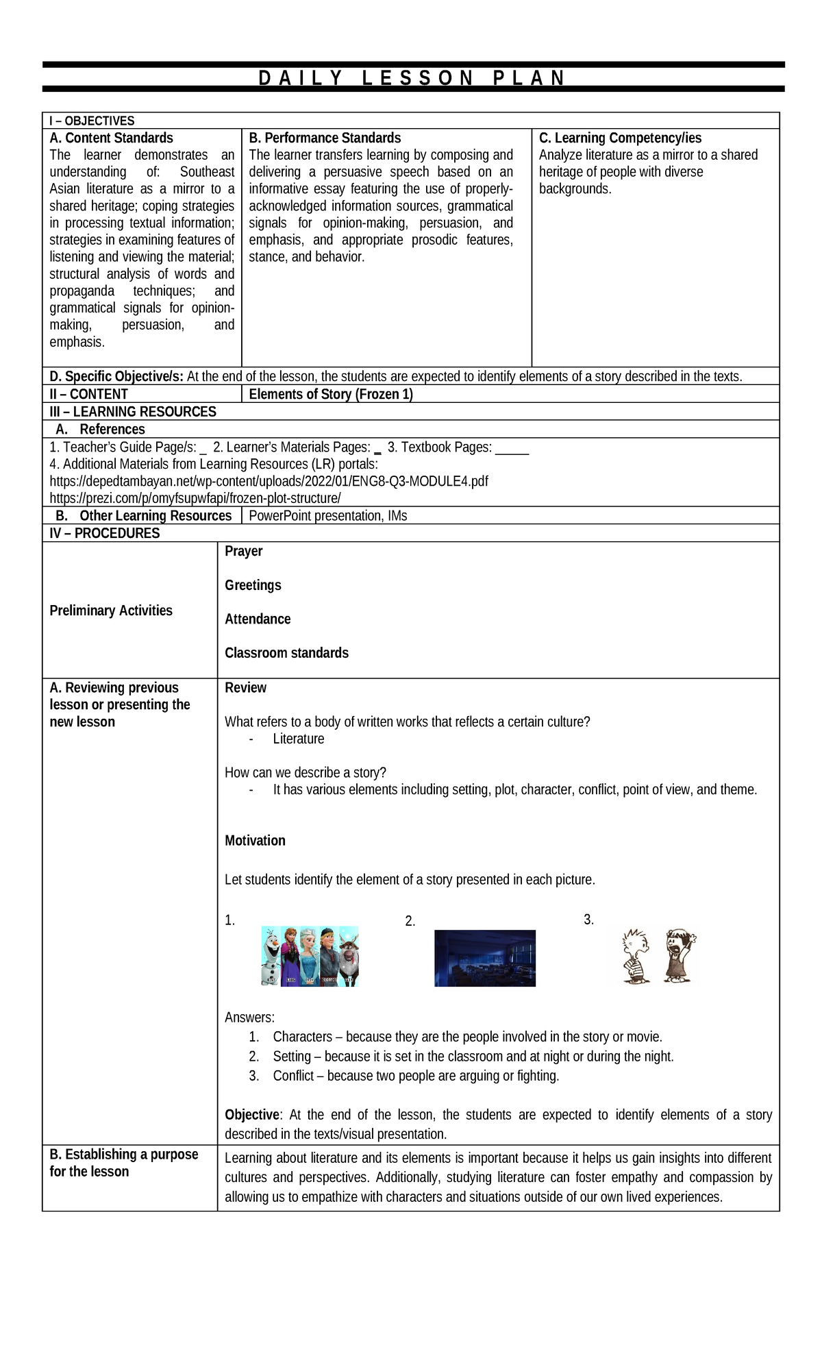 English 8 - Week 5: Elements of Story - D A I L Y L E S S O N P L A N I ...