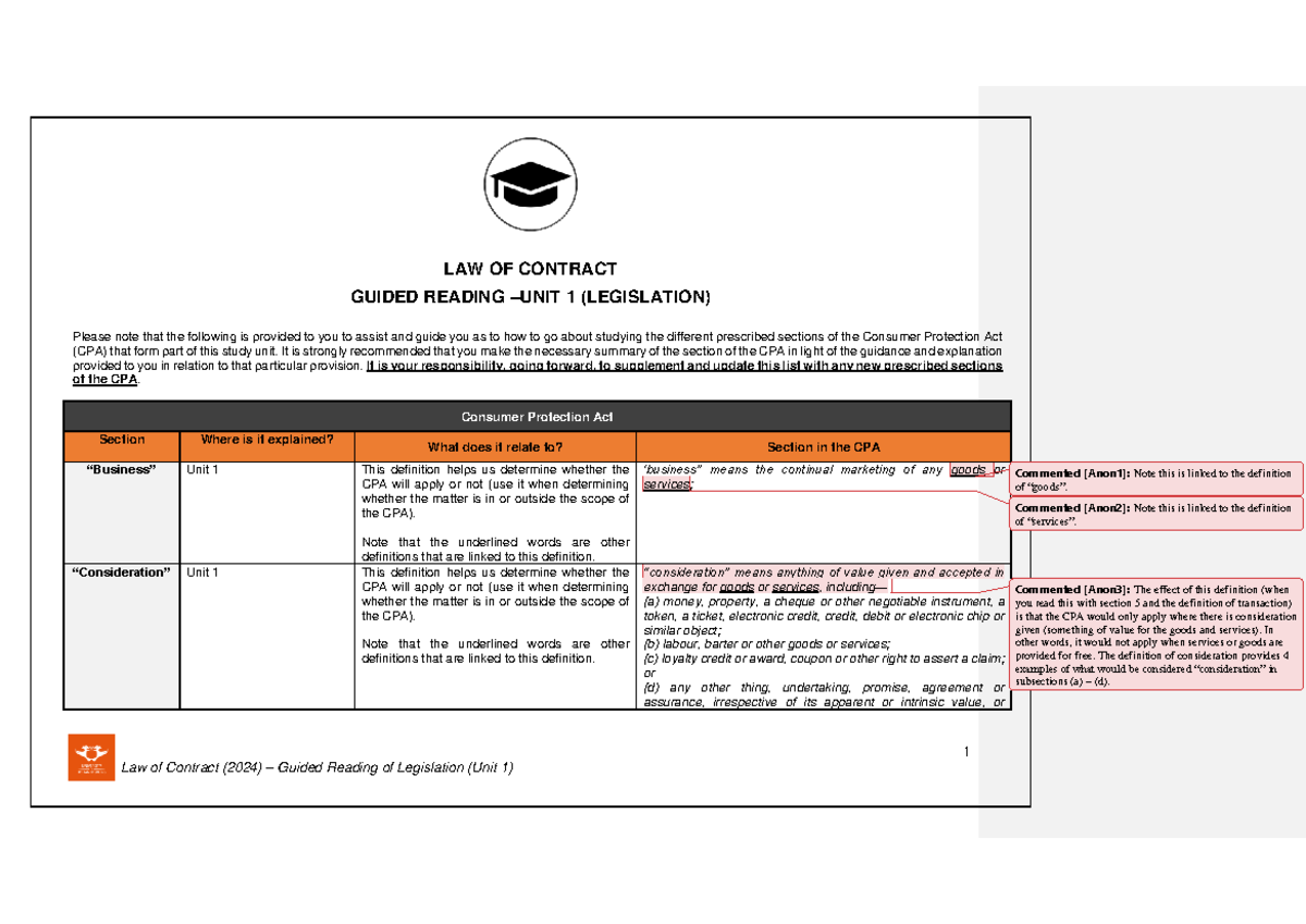 Unit 1 - Legislation (Guided Reading) - 1 LAW OF CONTRACT GUIDED ...