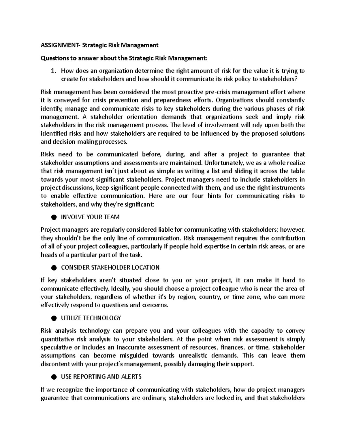 RISK Management - Assignment - ASSIGNMENT- Strategic Risk Management ...