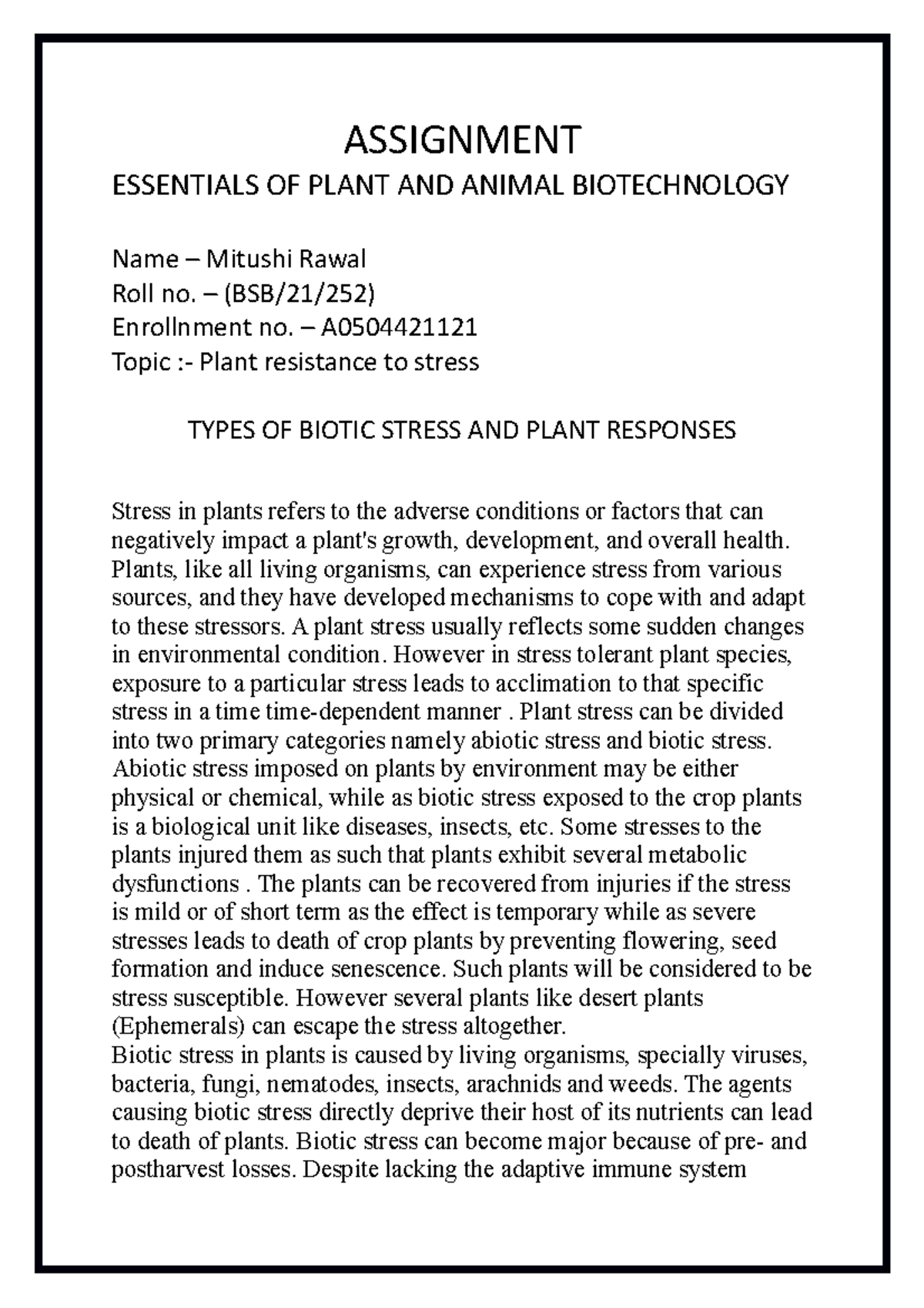 Assignment - ASSIGNMENT ESSENTIALS OF PLANT AND ANIMAL BIOTECHNOLOGY ...