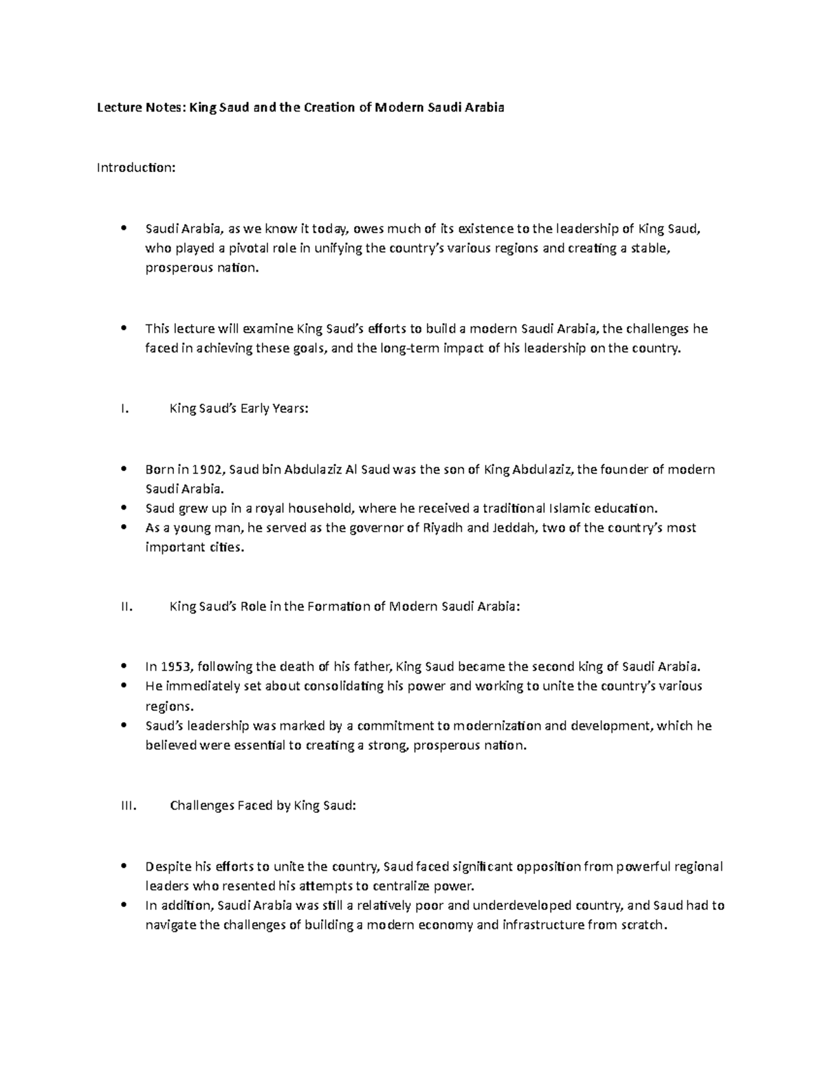 Lecture Notes King Saud And The Creation Of Modern Saudi Arabia Lecture Notes King Saud And 