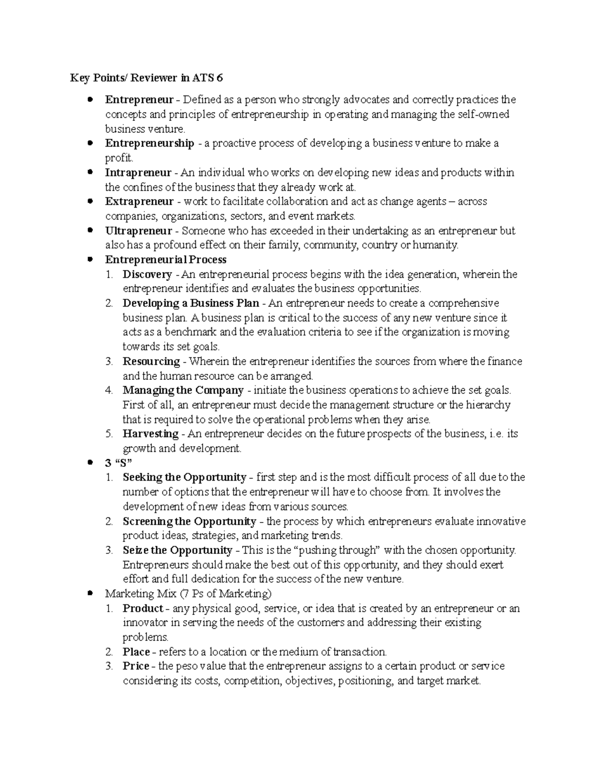Key Pointers in ATS 6 - n/a - Key Points/ Reviewer in ATS 6 Entrepreneur - Defined as a person ...