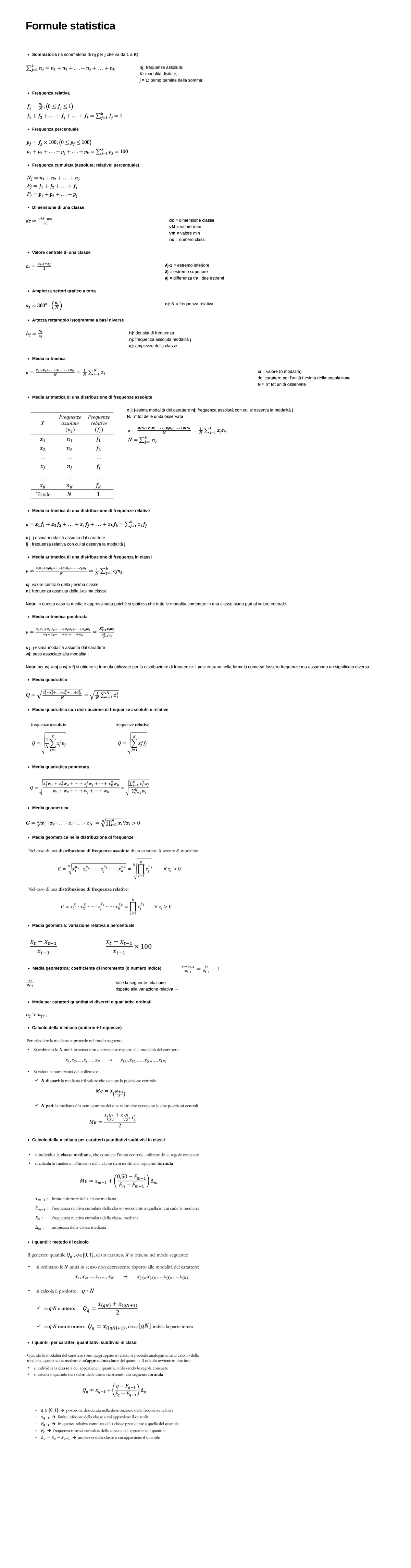 Formule di statistica - Le medie - Formule statistica Sommatoria (la ...