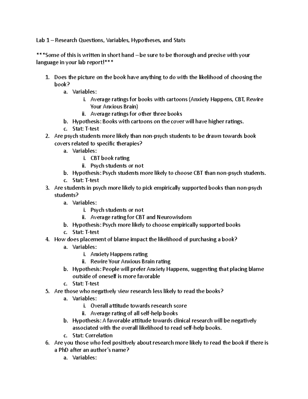 Lab hypothesis examples - Lab 1 – Research QuesƟons, Variables ...