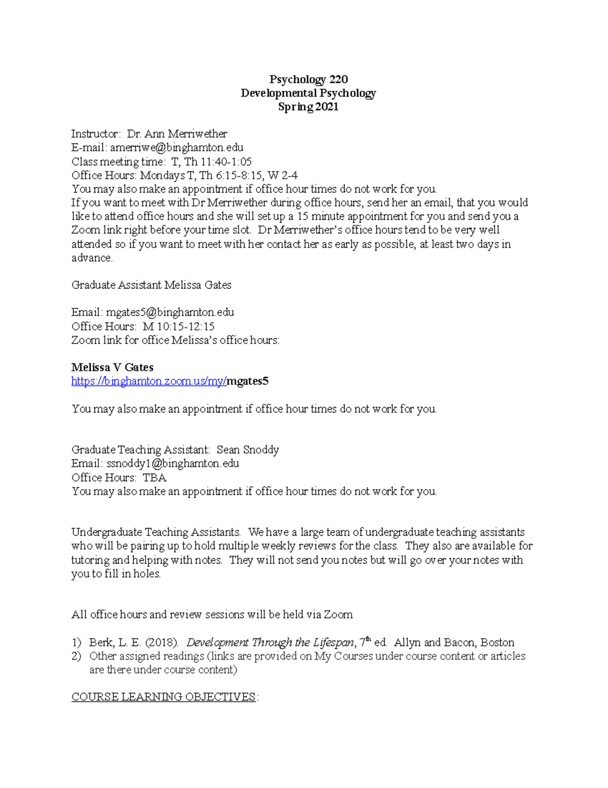 Spring 2021 Syllabus - Psychology 220 Developmental Psychology Spring ...