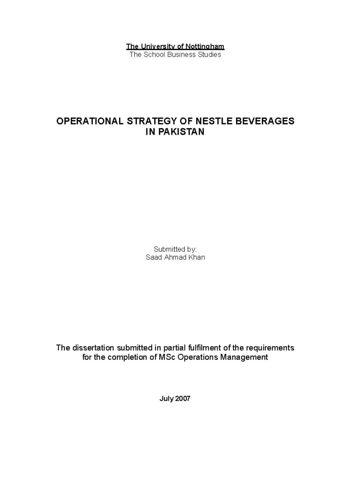 Operational Strategy OF Nestle Beverages - The University of Nottingham ...