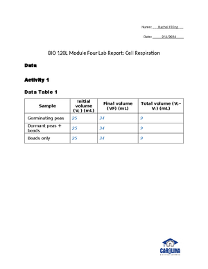 BIO 120L Module Three Cell Structure and Function Lab Report Rachel Filling - Name: Rachel L ...