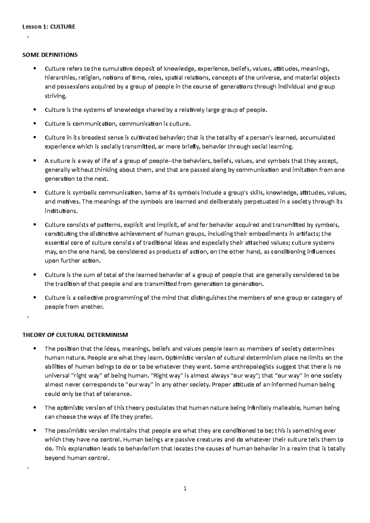 Lesson-1 - Lesson 1: CULTURE SOME DEFINITIONS Culture refers to the ...