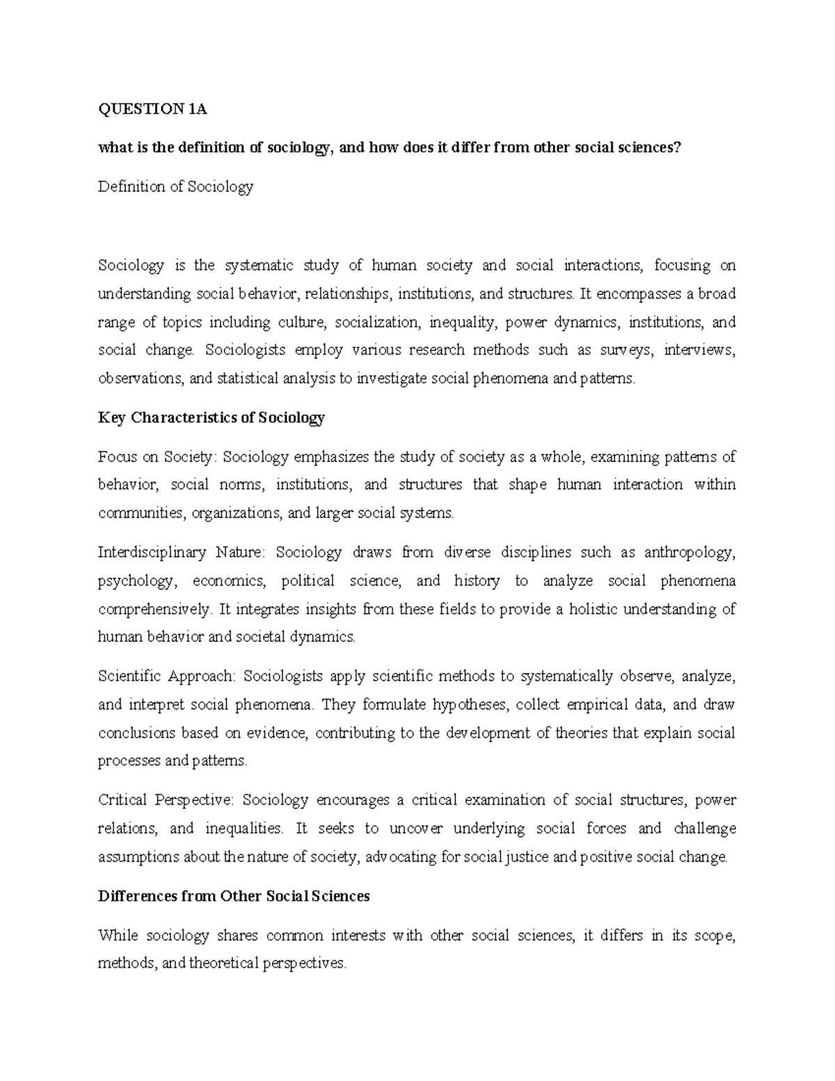Sociology Assignment - QUESTION 1A what is the definition of sociology ...