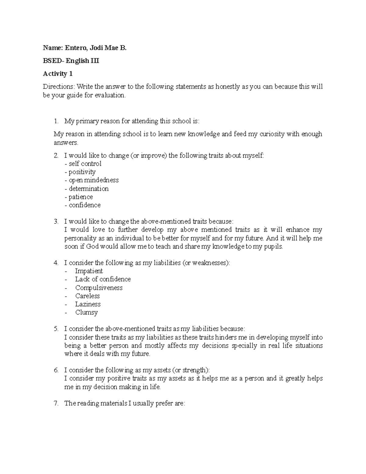 Midterm - Ethics - Name: Entero, Jodi Mae B. BSED- English III Activity 1 Directions: Write the ...