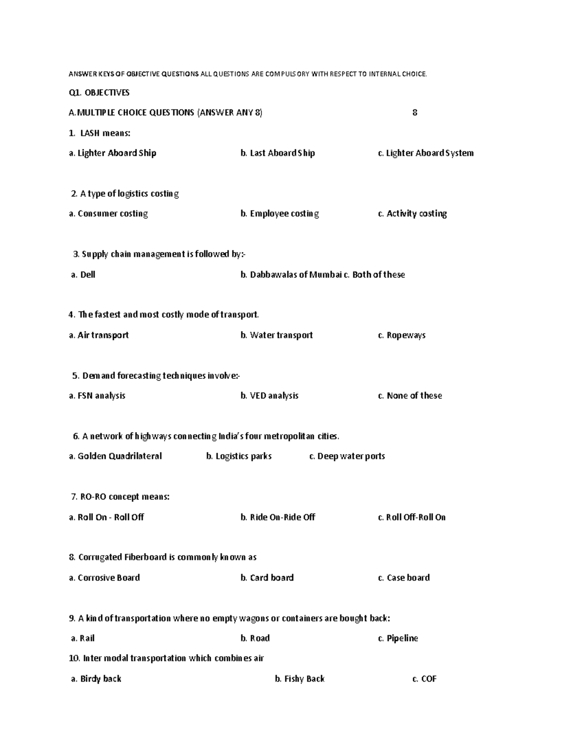 LM1 - LM1 - ANSWER KEYS OF OBJECTIVE QUESTIONS ALL QUESTIONS ARE ...