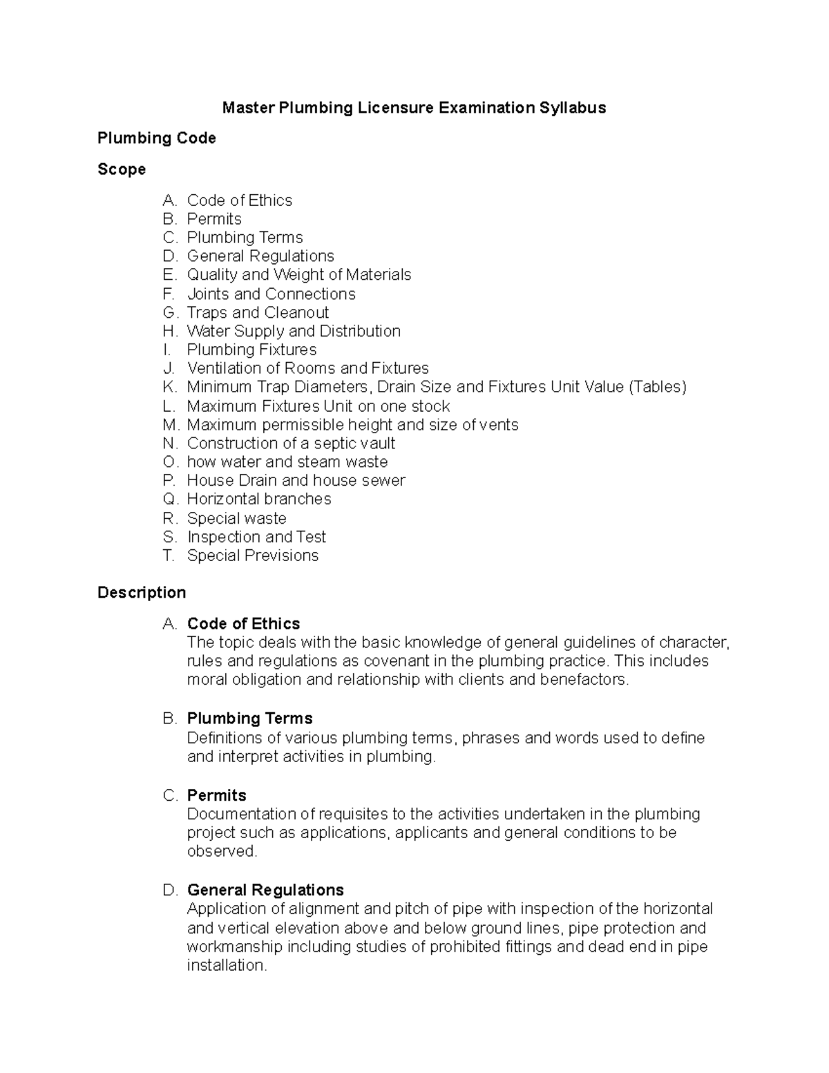 Master Plumbing Licensure Examination Syllabus - Code of Ethics B ...