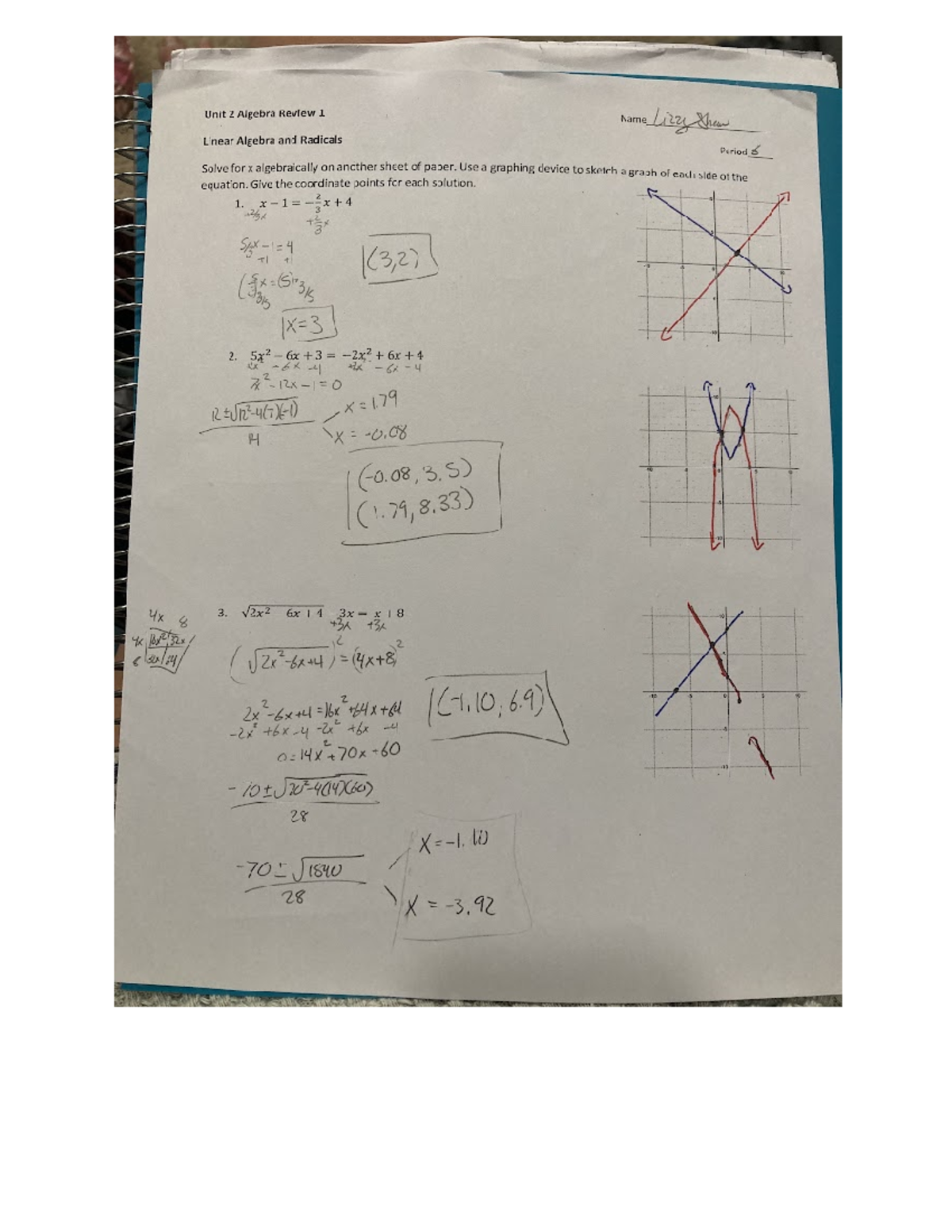 Unit 2 Algebra Review 3 - Unit 2 Algebra Review 1 Name Lizy Shew Linear ...