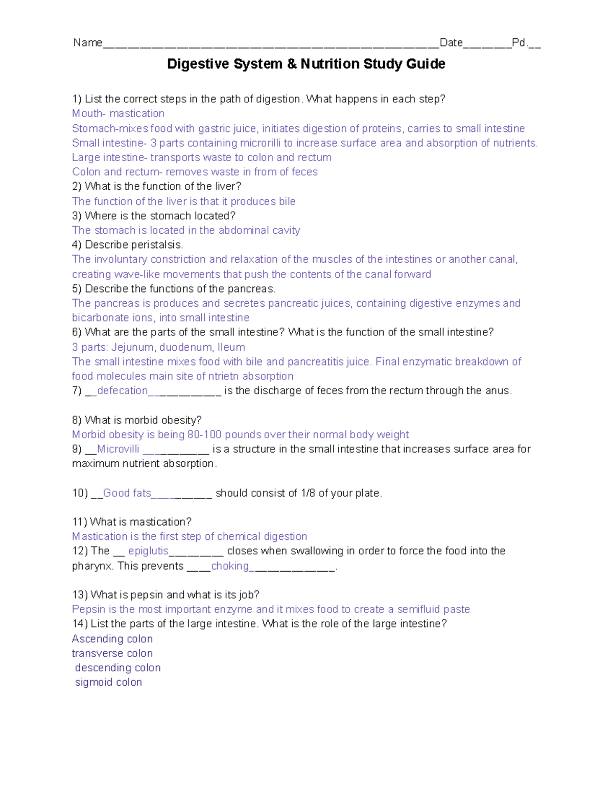 Copy of Digestive System and Nutrition Study Guide - - Studocu