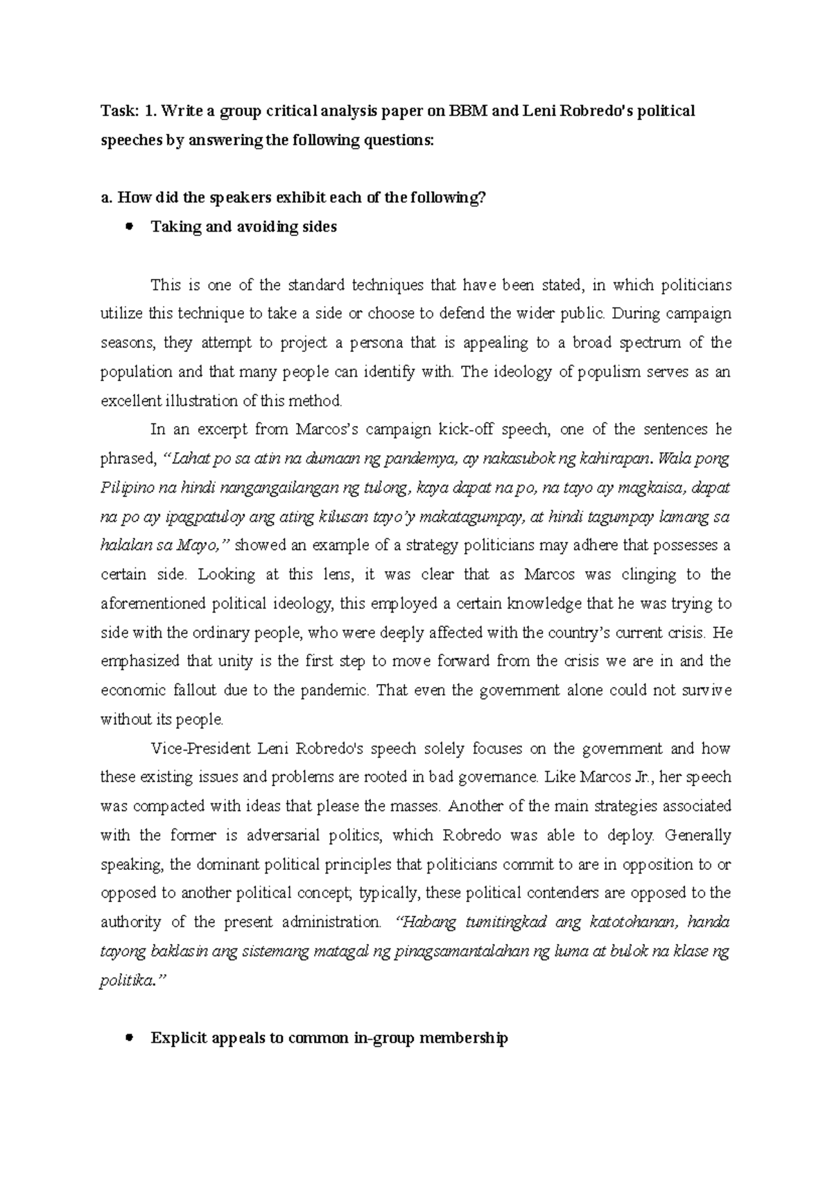 COMM 10 Critical Group Analysis - Task: 1. Write a group critical ...