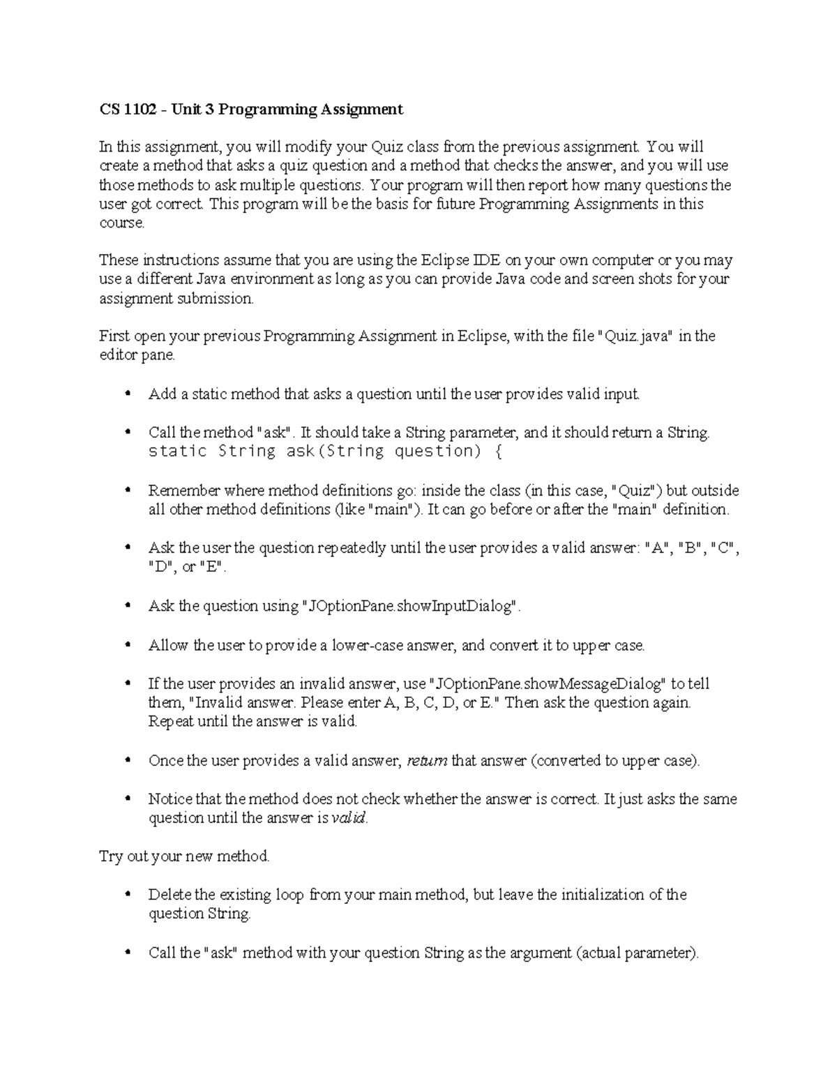 CS 1102 – Unit 3 Programming Assignment - CS 1102 - Unit 3 Programming ...