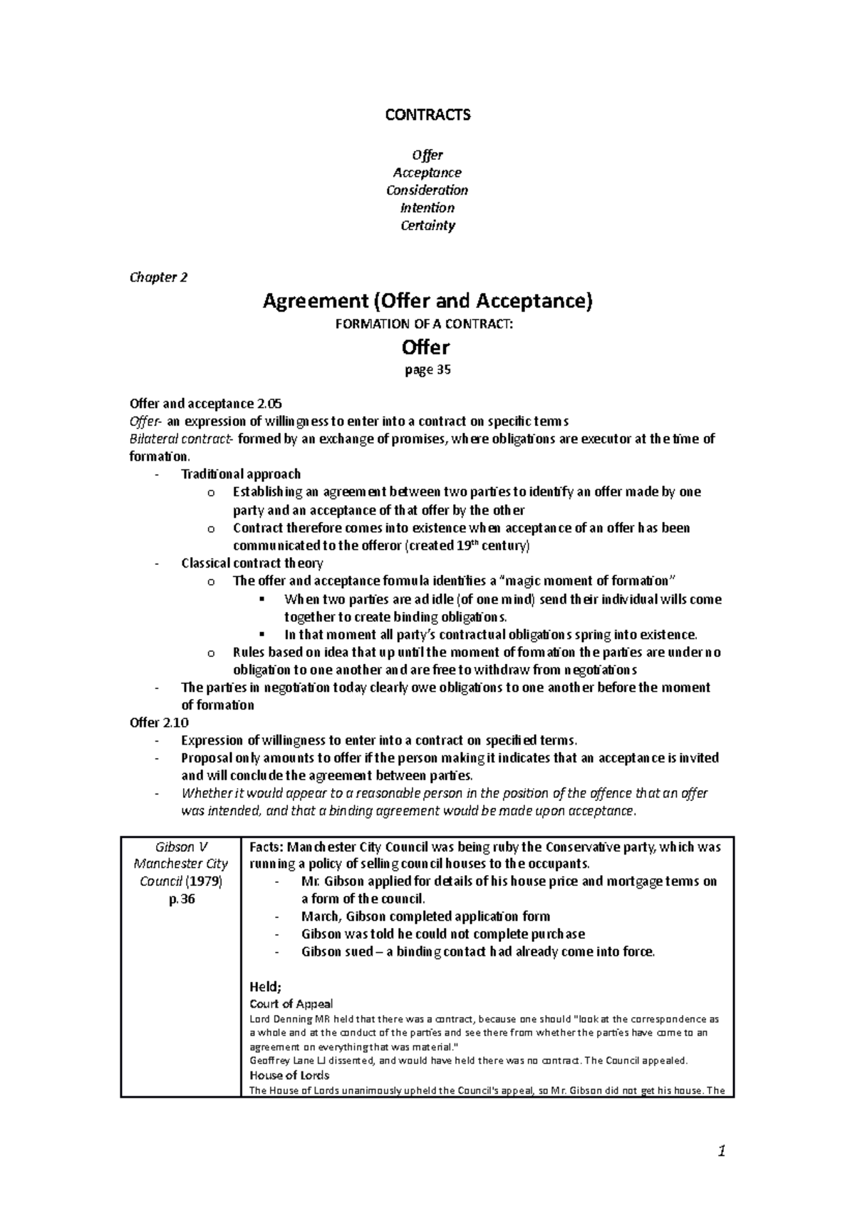 Contracts Notes - CONTRACTS Offer Acceptance Consideration Intention ...