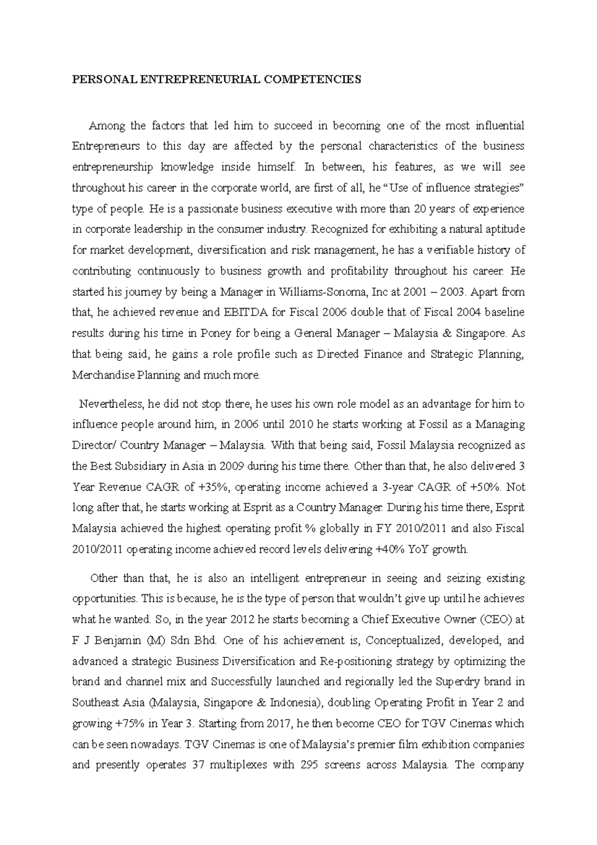 Personal Entrepreneurial Competencies of business assignment mc 111 ...