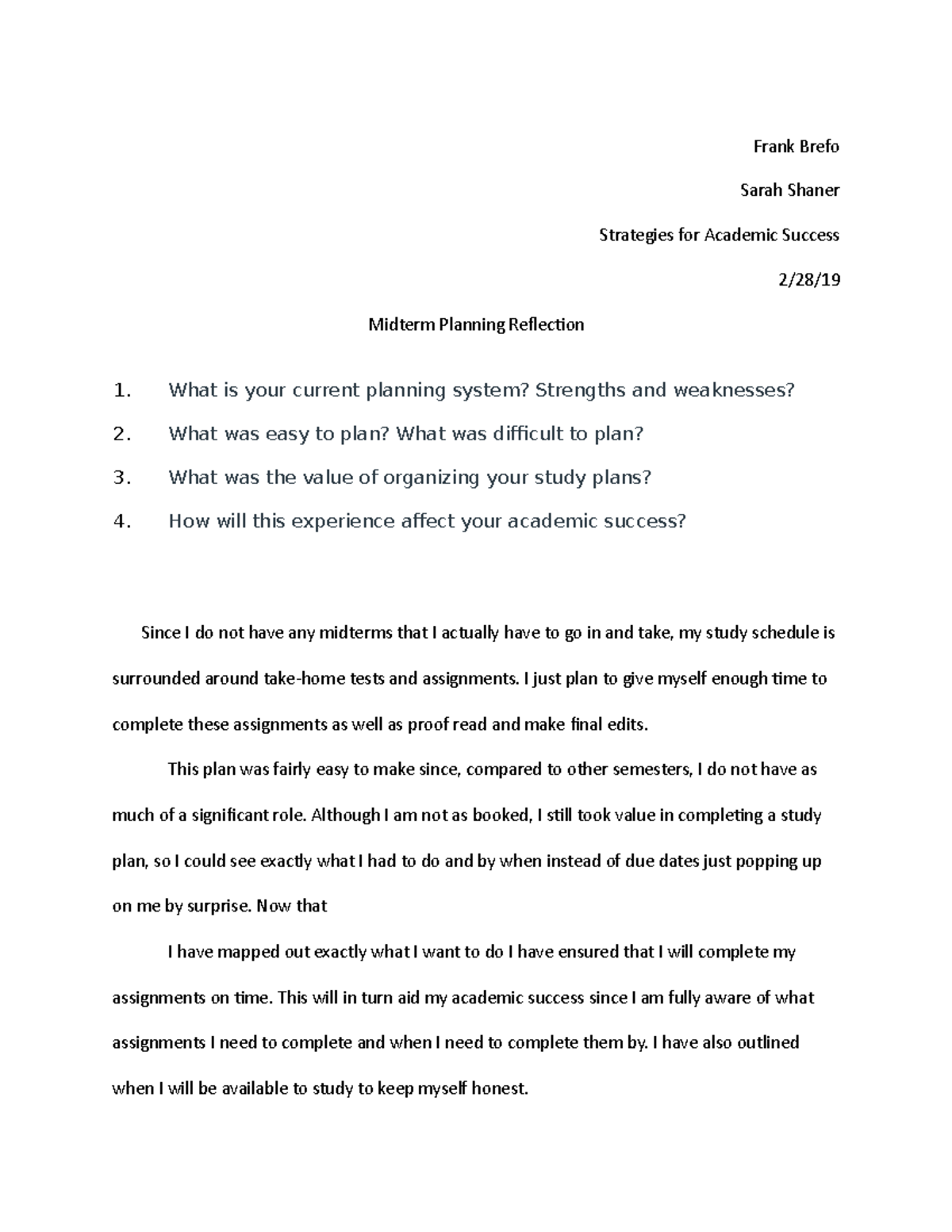 Midterm Planning Reflection - Frank Brefo Sarah Shaner Strategies for ...