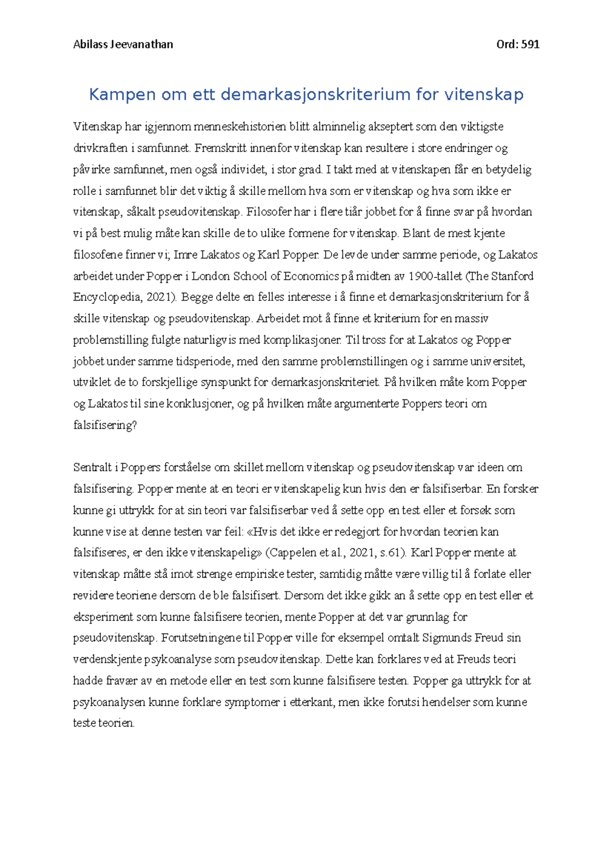 Oblig. 1 - Exphil - Abilass Jeevanathan Ord: 591 Kampen om ett demarkasjonskriterium for ...