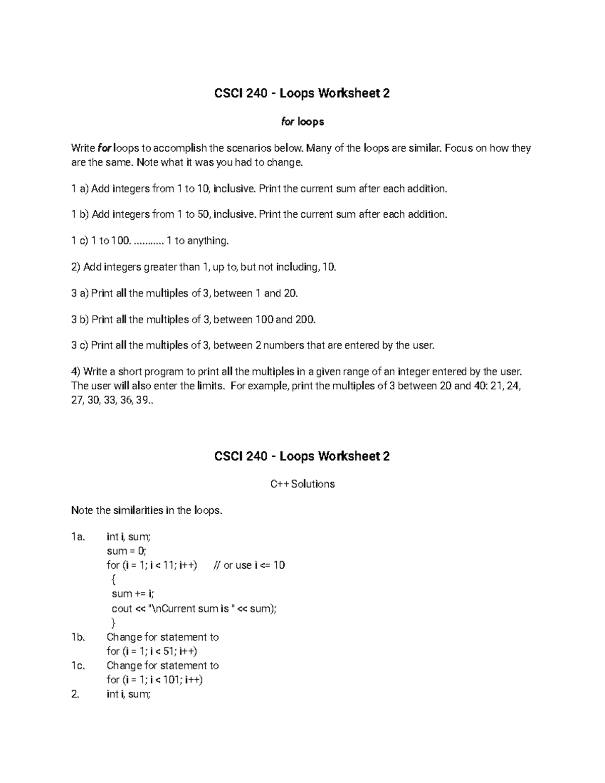CSCI 240 Loops Worksheet 2 - CSCI 240 - Loops Worksheet 2 for loops Write for loops to ...