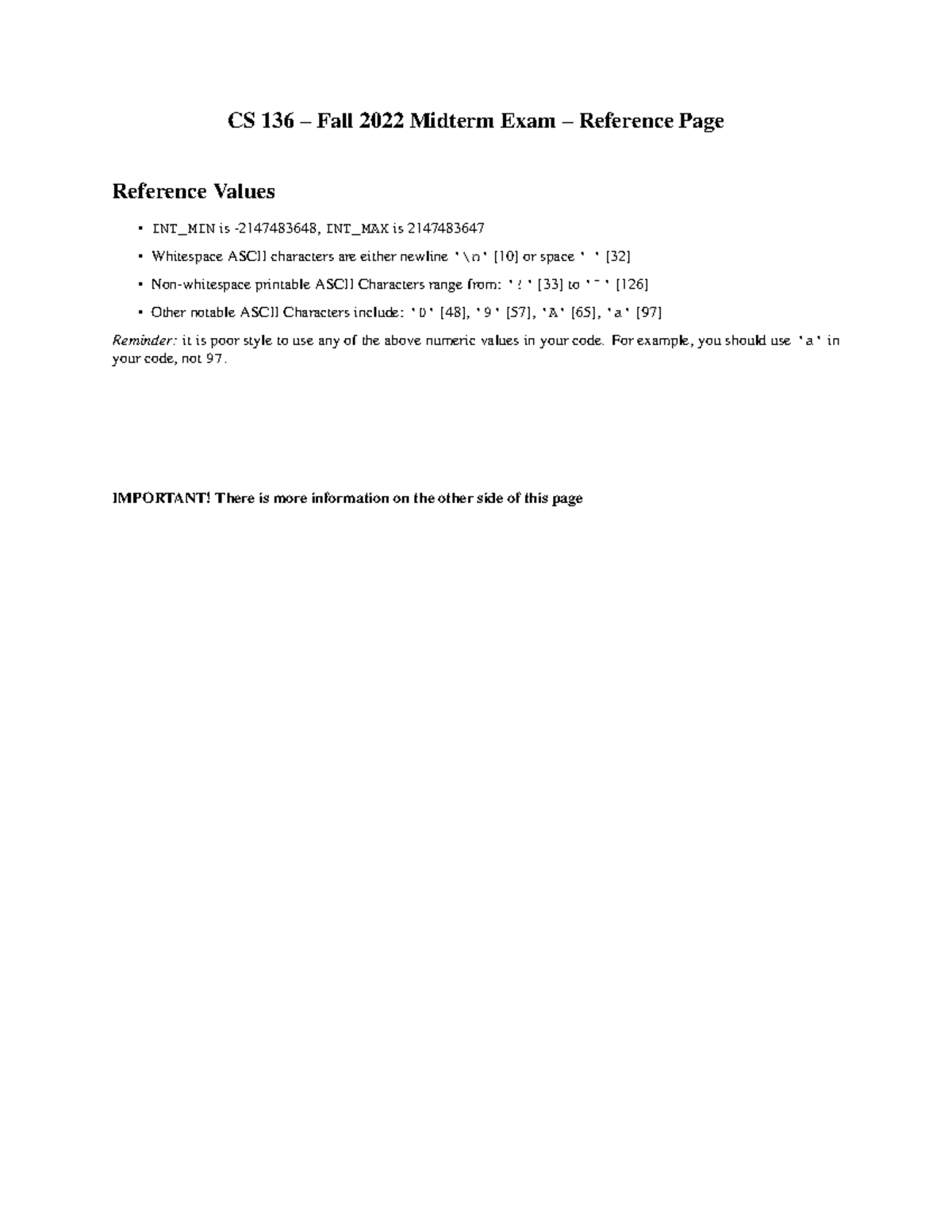 Midterm sample - CS 136 – Fall 2022 Midterm Exam – Reference Page Reference Values INT_MIN is ...