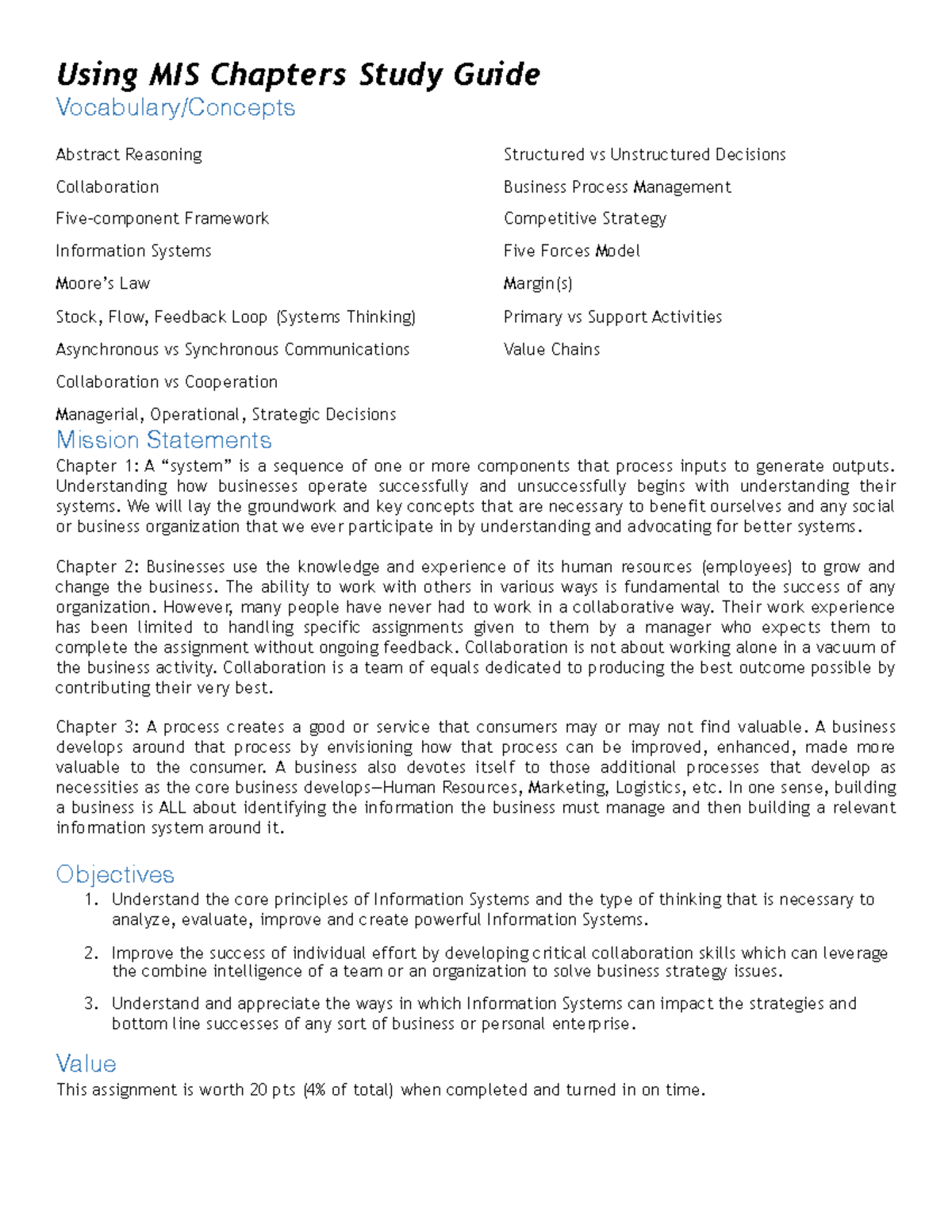 LU1 Using MIS Study Guide - Using MIS Chapters Study Guide Vocabulary ...