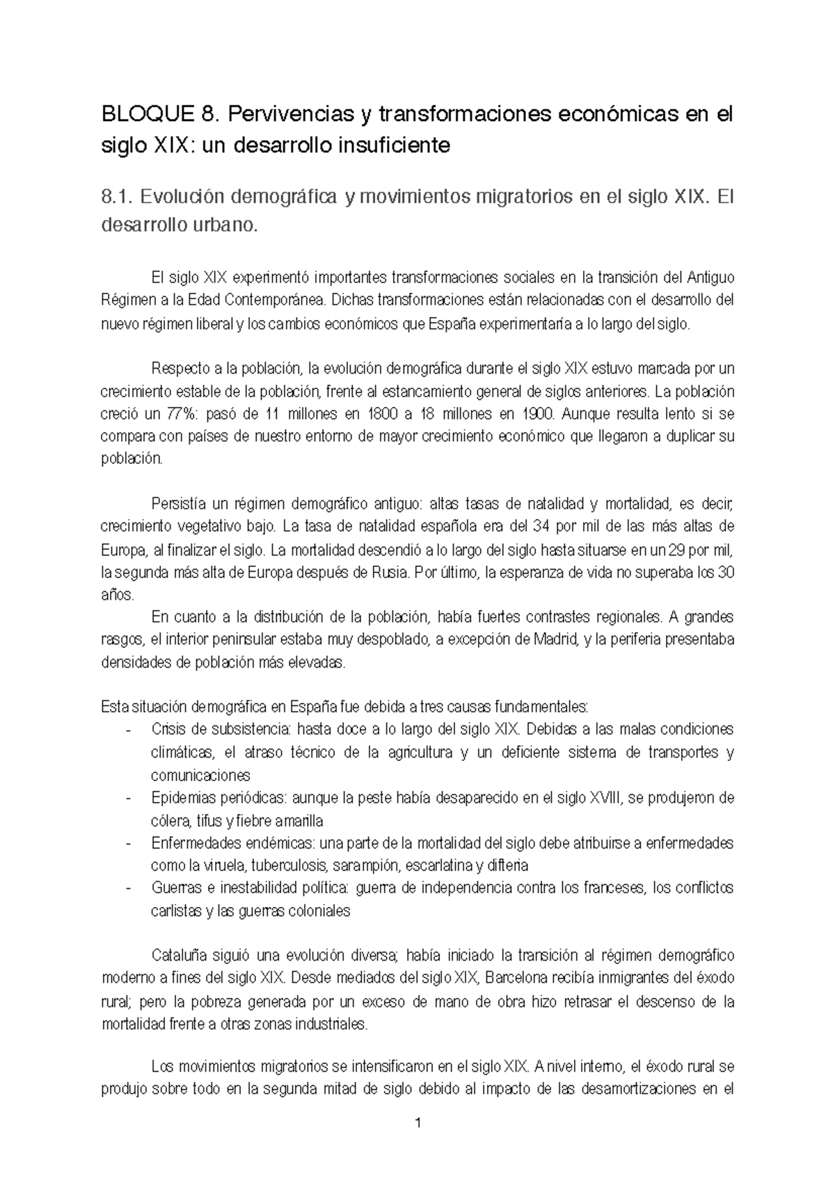 Bloque 8 - Resumen de historia de España - BLOQUE 8. Pervivencias y transformaciones económicas ...