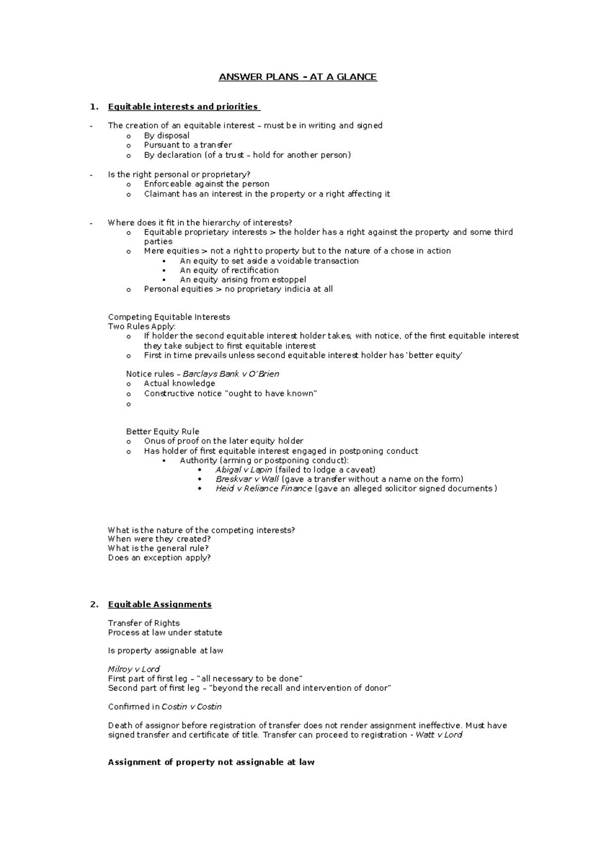 Answer Plan - Quick access notes - ANSWER PLANS – AT A GLANCE Equitable ...