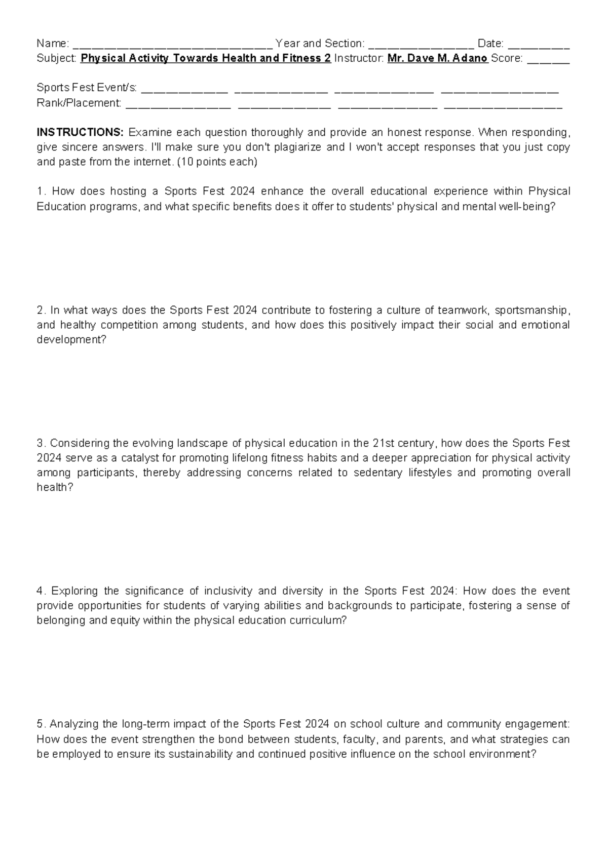 Pathfit 2 Asynchronous Activity - Name ...