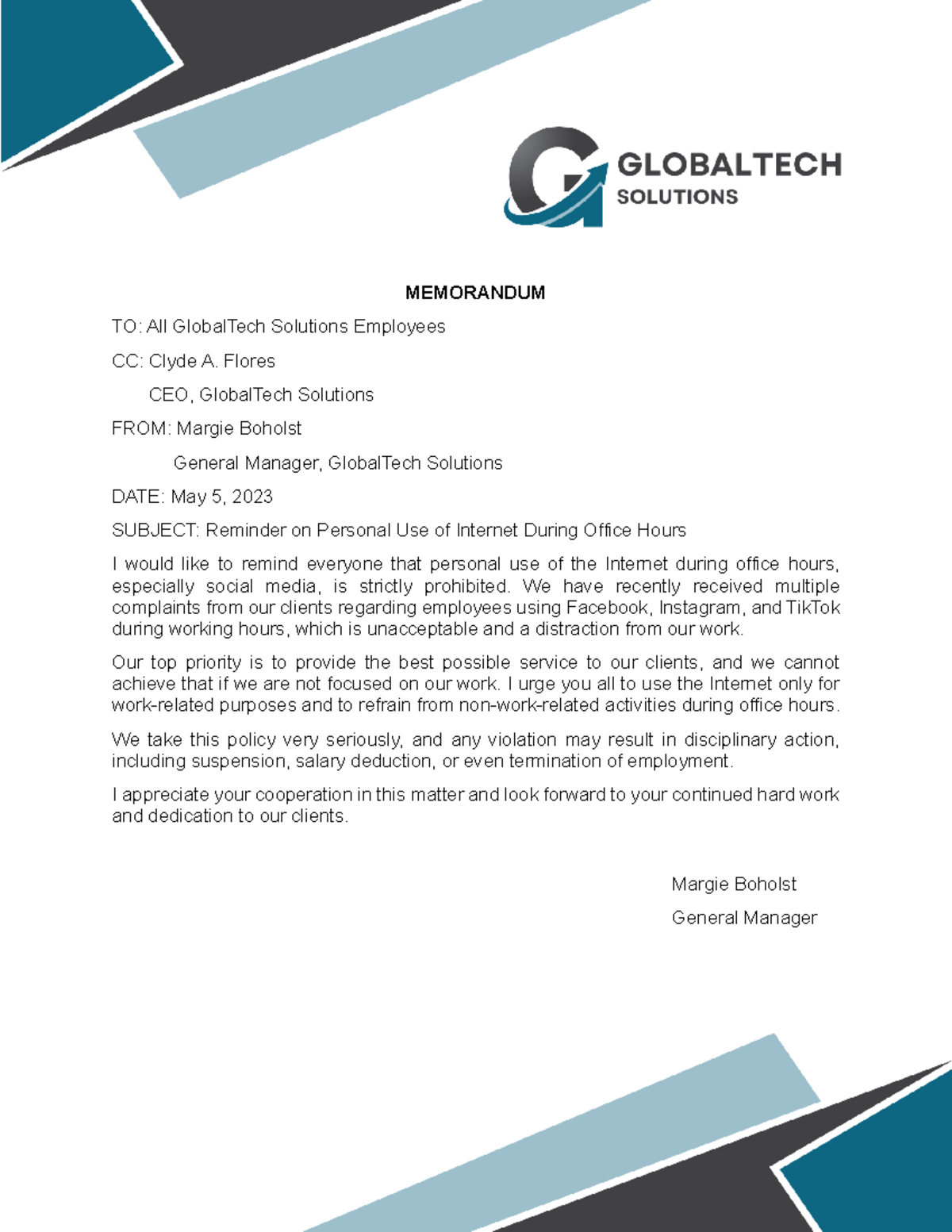 Memorandum Sample - MEMORANDUM TO: All GlobalTech Solutions Employees ...